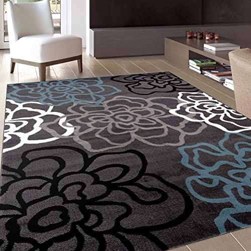 Rugshop Contemporary Modern Floral Abstract Flowers Easy Maintenance for Home Office, Living Room, Bedroom, Kitchen Soft Area Rug 5' 3" X 7' 3" Gray