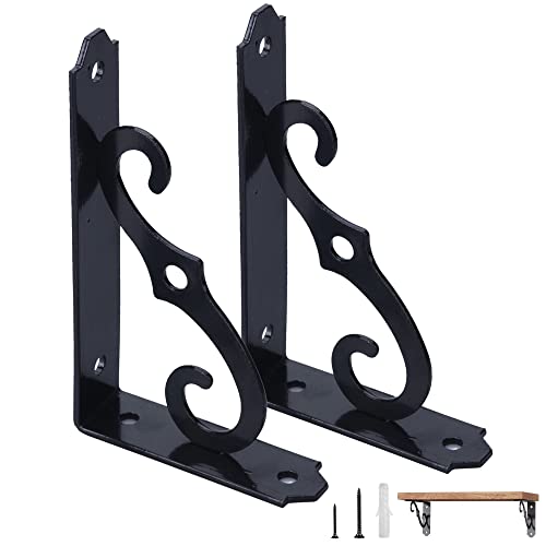 ETECHMART Decorative Shelf Brackets, 5 Inch Wall Mounted Floating Shelf Bracket for DIY Open Shelving, Pack of 2 L Shape Heavy Duty Rustic Iron Metal Corner Brace Shelf Supporter, Black