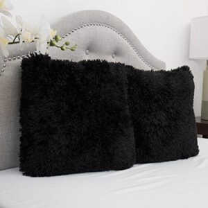 sweet home collection plush pillow faux fur soft and comfy throw pillow (2 pack), black