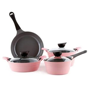 neoflam eela 7pc ceramic coated nonstick cookware pots&pan set with saucepan, frying pan, casserole stockpot, glass lids, silicone hot handle holder included, 7-piece,pink