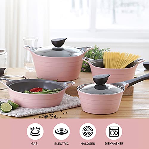 Neoflam Eela 7pc Ceramic Coated Nonstick Cookware Pots&Pan Set with Saucepan, Frying Pan, Casserole Stockpot, Glass Lids, Silicone Hot Handle Holder Included, 7-Piece,Pink