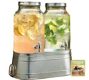 american reproductions two (2) 1.5 gallon each quality ice cold clear glass mason jug beverage drink dispensers galvanized metal display stand/ice bucket-easy filling for outdoor, parties & daily use