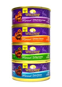 wellness minced grain-free wet cat food variety pack - 4 flavors (tuna, turkey, chicken, and turkey & salmon) - 12 (5.5 ounce) cans - 3 of each flavor