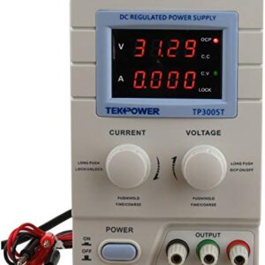 Tekpower TP3005T Variable Linear DC Power Supply, 0-30V @ 0-5A with Alligator Test Leads (110V Input)