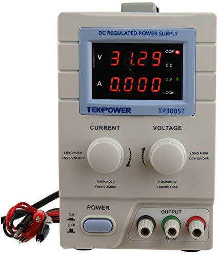 Tekpower TP3005T Variable Linear DC Power Supply, 0-30V @ 0-5A with Alligator Test Leads (110V Input)