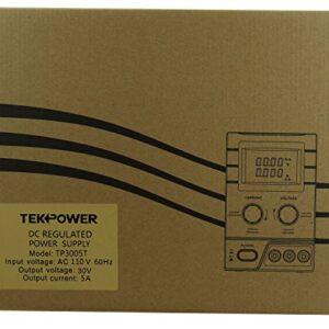 Tekpower TP3005T Variable Linear DC Power Supply, 0-30V @ 0-5A with Alligator Test Leads (110V Input)