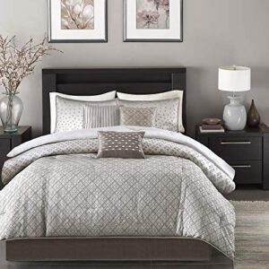 madison park biloxi jacquard comforter set - modern geometric design, all season down alternative cozy bedding with matching, shams, decorative pillow, queen(90"x90"), ombre silver 7 piece