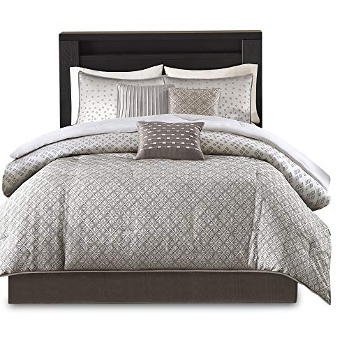 Madison Park Biloxi Jacquard Comforter Set - Modern Geometric Design, All Season Down Alternative Cozy Bedding with Matching, Shams, Decorative Pillow, Queen(90"x90"), Ombre Silver 7 Piece