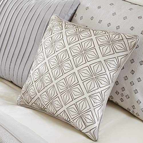 Madison Park Biloxi Jacquard Comforter Set - Modern Geometric Design, All Season Down Alternative Cozy Bedding with Matching, Shams, Decorative Pillow, Queen(90"x90"), Ombre Silver 7 Piece