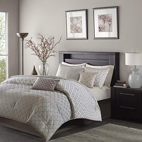 Madison Park Biloxi Jacquard Comforter Set - Modern Geometric Design, All Season Down Alternative Cozy Bedding with Matching, Shams, Decorative Pillow, Queen(90"x90"), Ombre Silver 7 Piece