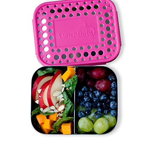 LunchBots Medium Duo Snack Container - Divided Stainless Steel Food Container - Two Sections for Half Sandwich and a Side - Eco-Friendly - Dishwasher Safe - Stainless Lid - Pink Dots