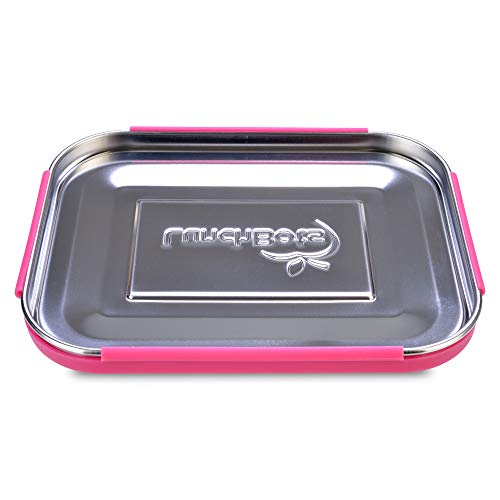 LunchBots Medium Duo Snack Container - Divided Stainless Steel Food Container - Two Sections for Half Sandwich and a Side - Eco-Friendly - Dishwasher Safe - Stainless Lid - Pink Dots