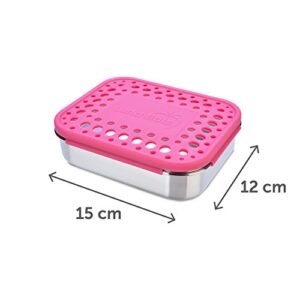 LunchBots Medium Duo Snack Container - Divided Stainless Steel Food Container - Two Sections for Half Sandwich and a Side - Eco-Friendly - Dishwasher Safe - Stainless Lid - Pink Dots