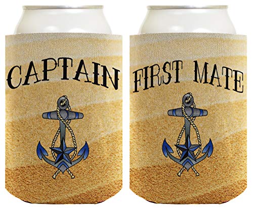 Boating Gift Captain and First Mate 2 Pack Sandy Beach Ocean Shore Can Coolies