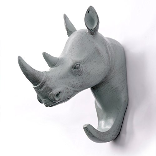 HERNGEE Rhino Head Single Wall Hook/Hanger Animal Shaped Coat Hat Hook Heavy Duty, Rustic, Decorative Gift, Grey