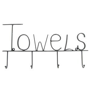 Aunt Chris' Products - Black Metal Towel Hooks - The Word "Towels" In Modern Lettering Across The Top - Four Hooks For Easy Bathroom Organizing - Use Inside Or Outside