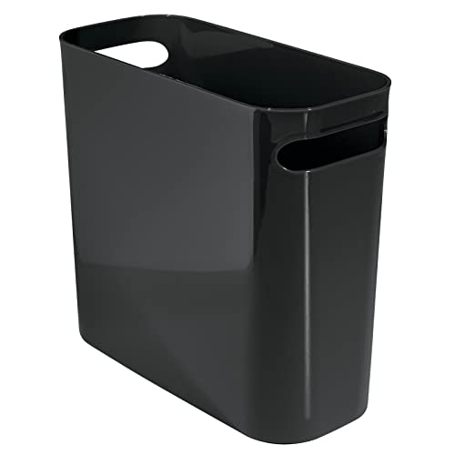 mDesign Plastic Small Trash Can, 1.5 Gallon/5.7-Liter Wastebasket, Narrow Garbage Bin with Handles for Bathroom, Laundry, Home Office - Holds Waste, Recycling, 10" High - Aura Collection - Black