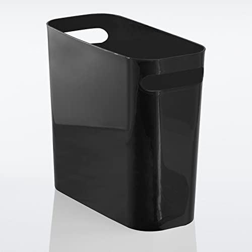 mDesign Plastic Small Trash Can, 1.5 Gallon/5.7-Liter Wastebasket, Narrow Garbage Bin with Handles for Bathroom, Laundry, Home Office - Holds Waste, Recycling, 10" High - Aura Collection - Black