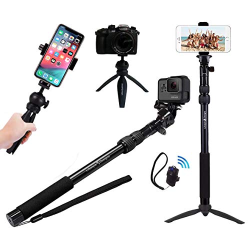 Rugged 4-in-1 Selfie Stick Tripod Stand Kit + Bluetooth Remote – Universal: Any iPhone, Android, GoPro or Camera – iPhone 13 12 11 Pro Mini Max XS XR X 8 7 6 Plus, Samsung etc.