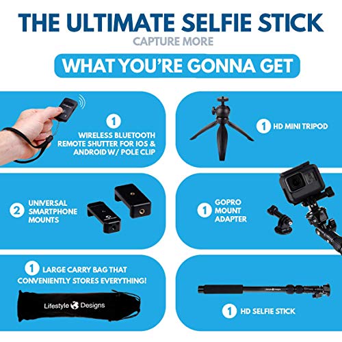 Rugged 4-in-1 Selfie Stick Tripod Stand Kit + Bluetooth Remote – Universal: Any iPhone, Android, GoPro or Camera – iPhone 13 12 11 Pro Mini Max XS XR X 8 7 6 Plus, Samsung etc.