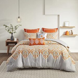 madison park nisha sateen cotton comforter set, breathable, soft cover, trendy, all season down alternative cozy bedding with matching shams, king/ california king, orange 7 piece