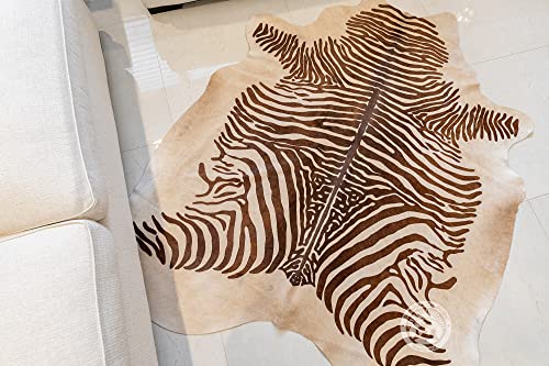 Zebra Print Brown on Beige Genuine Cowhide Rug 6 x 7 ft. 180 x 210 cm