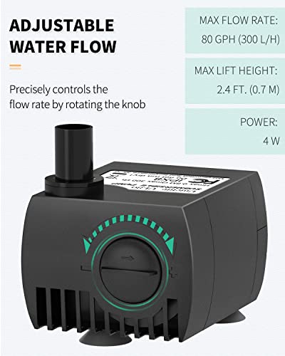 Uniclife 80 GPH Submersible Water Pump 4W 2.4ft High Lift Quiet Pump for Fountain Aquarium Fish Tank