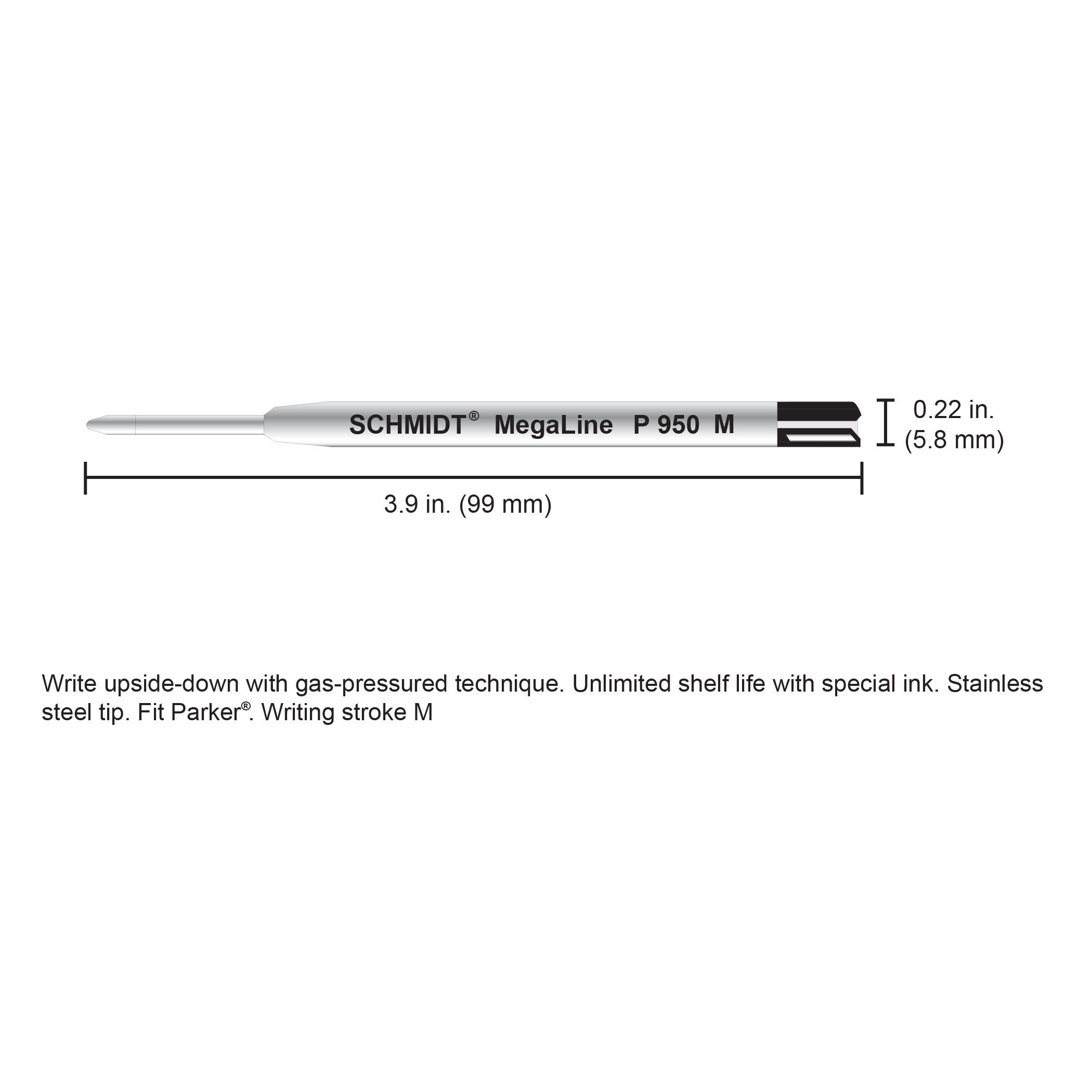 SCHMIDT P950 Megaline Pressurized Ballpoint Refill Medium, Black, 2 Pack Blister (SC58147)