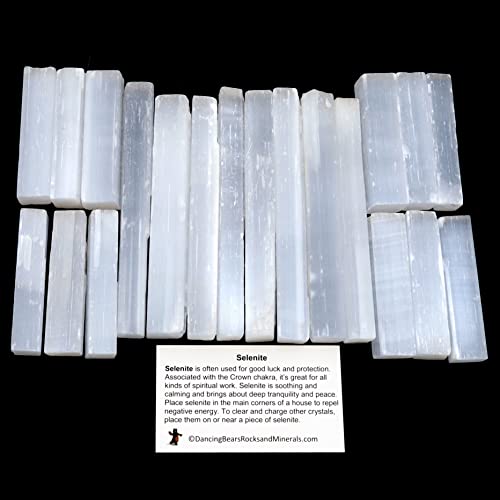 DANCING BEAR 2 Pound Selenite Small Sticks- Wands Premium Hand-Sorted Plus Include a Piece of Black Tourmaline Crystal and Educational ID Cards, Bulk, Reiki, Chakra, Good Luck & Protection