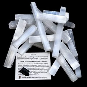 DANCING BEAR 2 Pound Selenite Small Sticks- Wands Premium Hand-Sorted Plus Include a Piece of Black Tourmaline Crystal and Educational ID Cards, Bulk, Reiki, Chakra, Good Luck & Protection