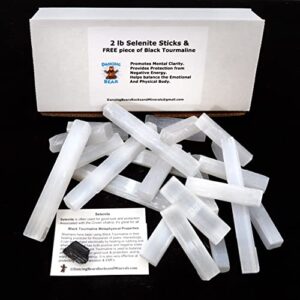 DANCING BEAR 2 Pound Selenite Small Sticks- Wands Premium Hand-Sorted Plus Include a Piece of Black Tourmaline Crystal and Educational ID Cards, Bulk, Reiki, Chakra, Good Luck & Protection