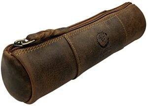 rustic town leather pencil pouch - zippered pen case for work & office (brown)