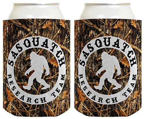 Funny Can Coolie Sasquatch Research Team Camping Gag Gift Outdoors Hiking Hunter Hunting 2 Pack Can Coolie Drink Coolers Coolies Woodland Camo