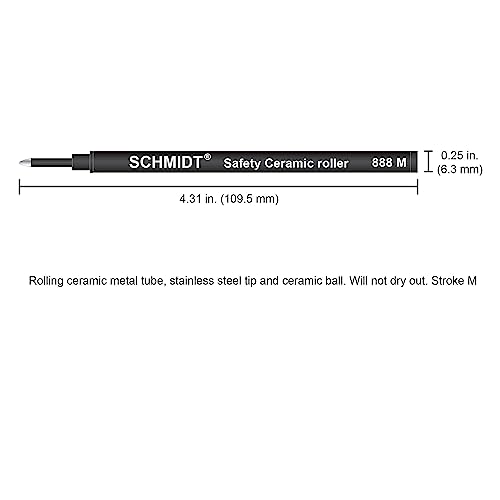 SCHMIDT 888 Ceramic Rollerball Plastic Tube Refill Medium Point 0.7mm, Black, 2 Pack Blister (SC58111)