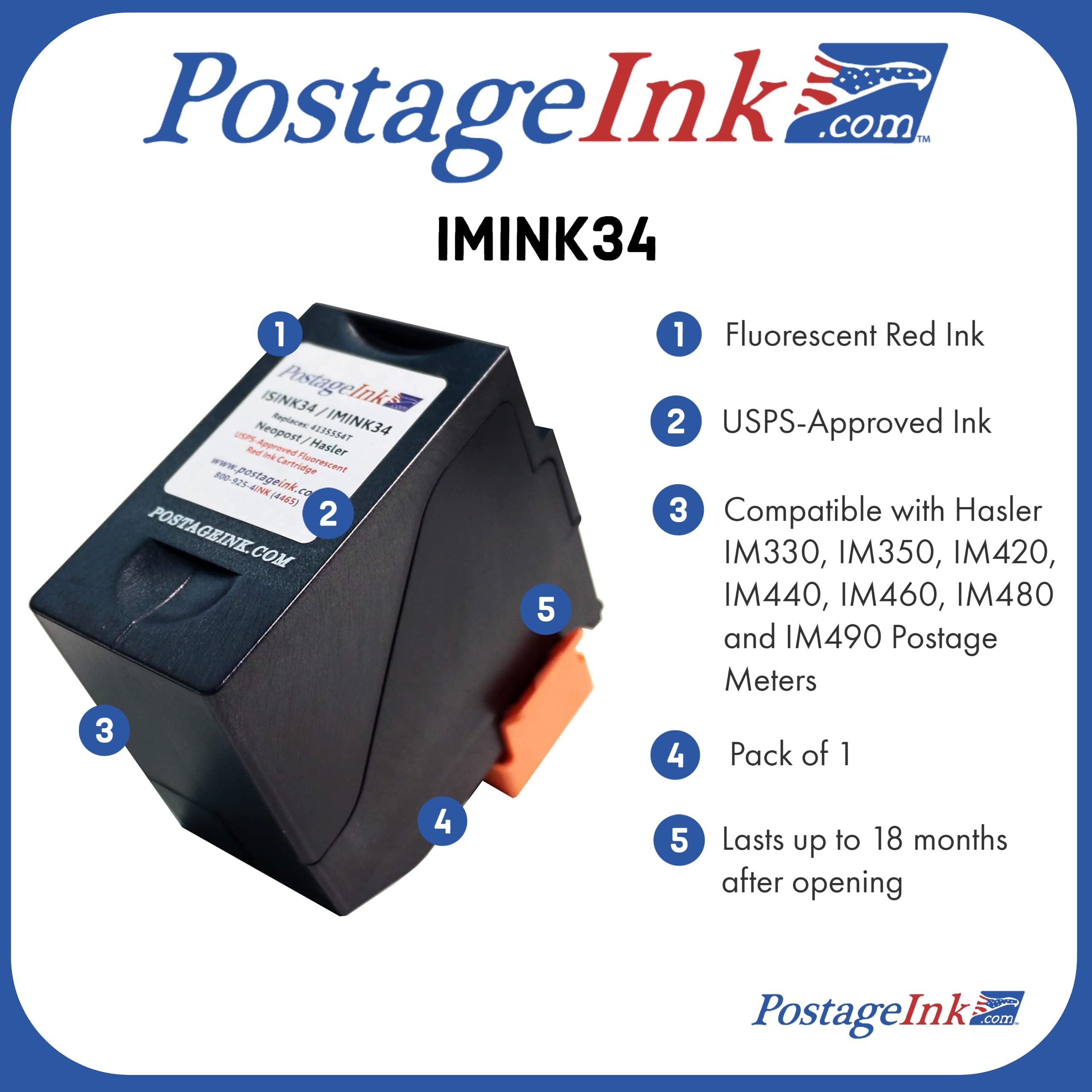 PostageInk.com ISINK34/IMINK34 Sure.Jet # 4135554T Non-OEM Ink Cartridge Replacement for IM330, IM350, IM420, IM440, IM460, IM480 and IM490 Postage Meters