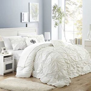 Chic Home Halpert 6 Piece Comforter Set Floral Pinch Pleated Ruffled Designer Embellished Bed Skirt and Decorative Pillows Shams Included, Queen, White