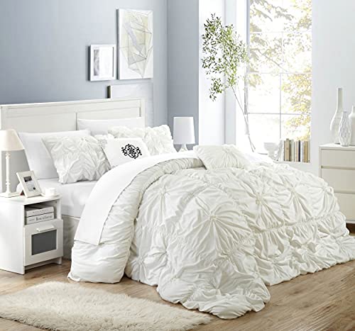 Chic Home Halpert 6 Piece Comforter Set Floral Pinch Pleated Ruffled Designer Embellished Bed Skirt and Decorative Pillows Shams Included, Queen, White