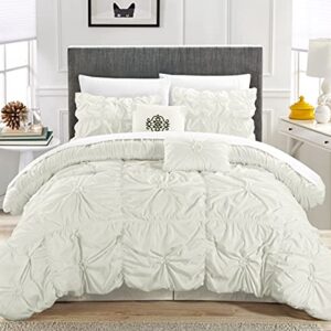 Chic Home Halpert 6 Piece Comforter Set Floral Pinch Pleated Ruffled Designer Embellished Bed Skirt and Decorative Pillows Shams Included, Queen, White