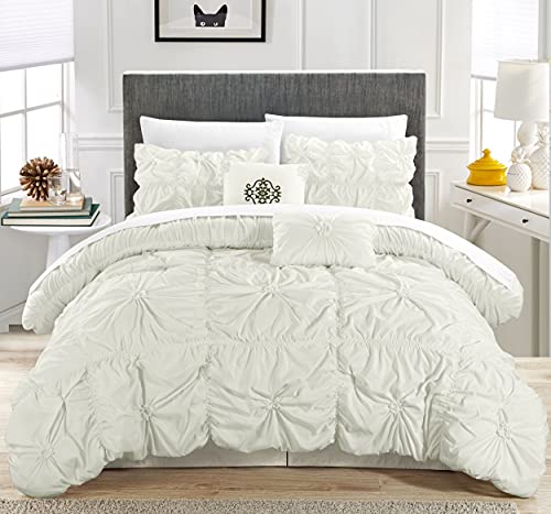 Chic Home Halpert 6 Piece Comforter Set Floral Pinch Pleated Ruffled Designer Embellished Bed Skirt and Decorative Pillows Shams Included, Queen, White