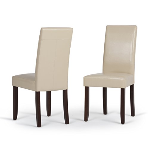 SIMPLIHOME Acadian Transitional Parson Dining Chair (Set of 2) in Satin Cream Vegan Faux Leather, For the Dining Room