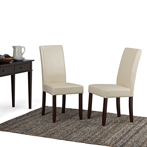 SIMPLIHOME Acadian Transitional Parson Dining Chair (Set of 2) in Satin Cream Vegan Faux Leather, For the Dining Room