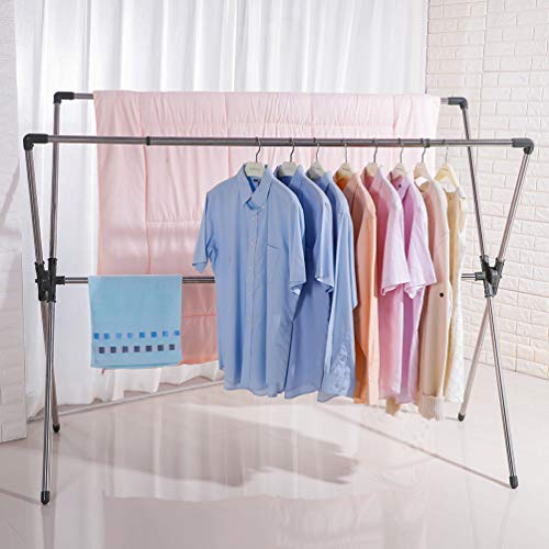 BAOYOUNI Double Poles Folding Clothes Drying Rack Stainless Steel Expandable Rods Space Saving Retractable Heavy Duty Garment Hanger Rail 37'' to 66'', Grey