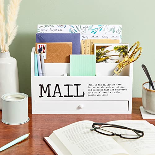 Juvale White Mail Organizer for Desktop, Wooden Mail Sorter Storage Box for Countertop, Home Office, Farmhouse-Style 3-Tier Holder with Drawer for Files, Bills and Letters (11 In)