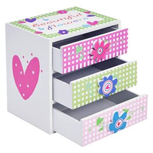 small floral little girls jewelry box with 3 drawers and flower knobs, square wooden organizer for necklaces, earrings, rings, kids ages 4-13 hair accessory storage (6 x 4.5 in)