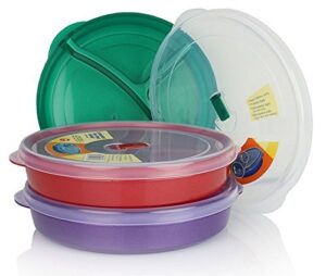 (set of 3) chef's 1st choice microwave food storage tray containers - 3 section / compartment divided plates w/ vented lid