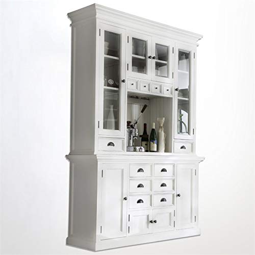 NovaSolo Halifax Pure White Mahogany Wood Hutch Cabinet With Glass Doors, Storage And 12 Drawers