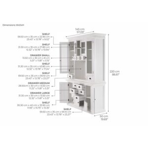 NovaSolo Halifax Pure White Mahogany Wood Hutch Cabinet With Glass Doors, Storage And 12 Drawers