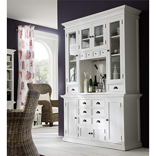 NovaSolo Halifax Pure White Mahogany Wood Hutch Cabinet With Glass Doors, Storage And 12 Drawers