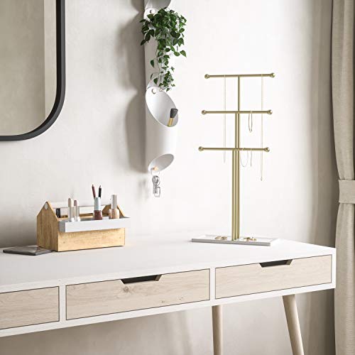 Umbra Trigem Hanging Jewelry Organizer Tiered Tabletop Countertop Free Standing Necklace Holder Display, 3, Brass/White