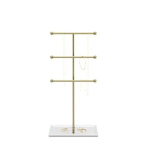 Umbra Trigem Hanging Jewelry Organizer Tiered Tabletop Countertop Free Standing Necklace Holder Display, 3, Brass/White